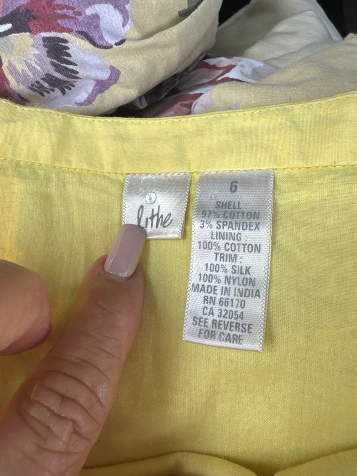 Lithe Yellow Ruffle Hem Embroidered Dress Women’s Size 6 Cotton Silk ...