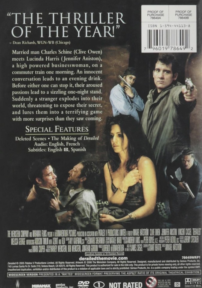 Derailed (DVD, 2006, Widescreen) Jennifer Aniston/Vincent Cassel/Clive ...