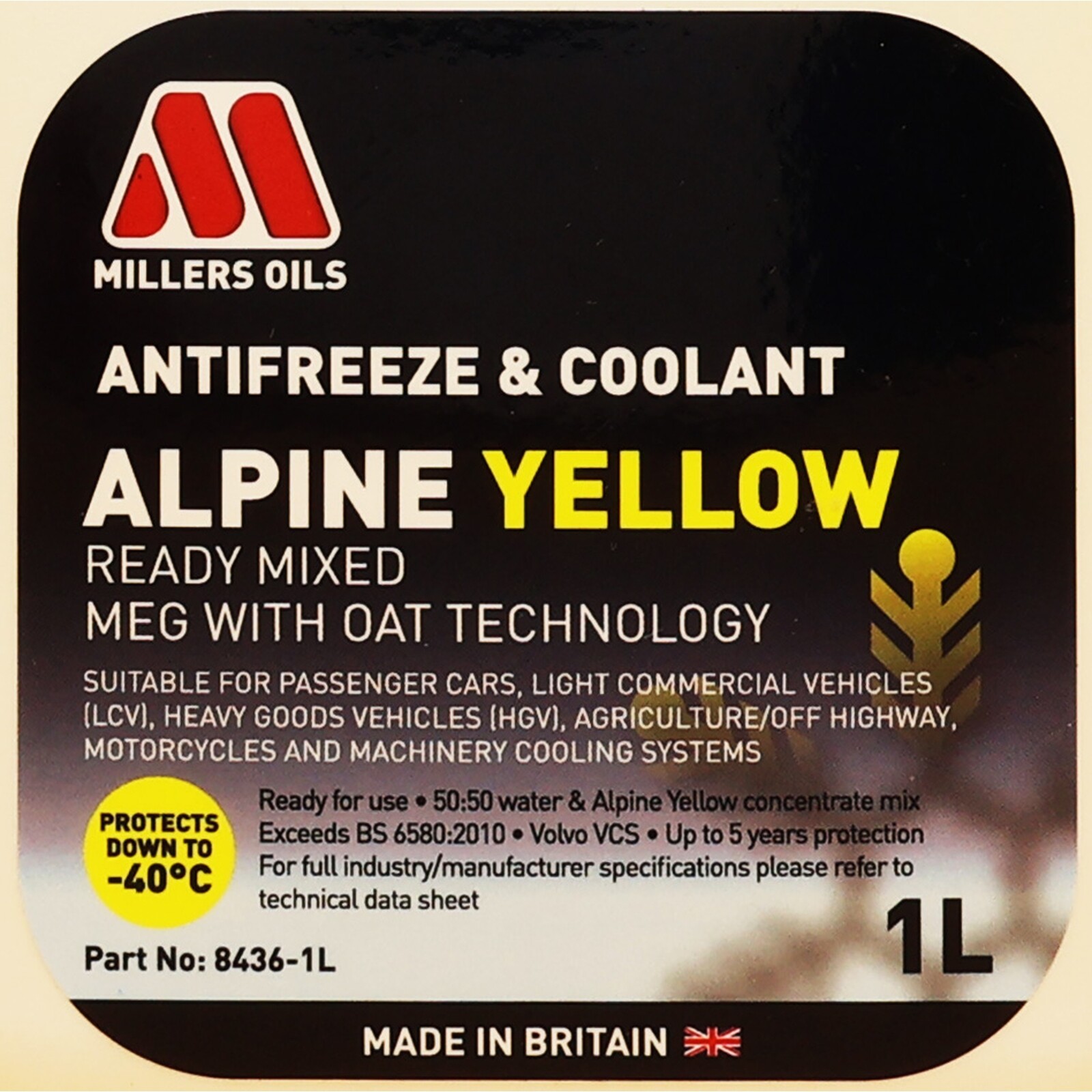 Millers Oils Alpine Yellow Ready Mixed Antifreeze & Coolant - 1L 1 ...