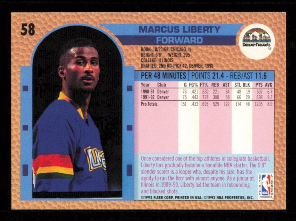 1992-93 FLEER Basketball - Trading Card #58 - MARCUS LIBERTY, Denver ...
