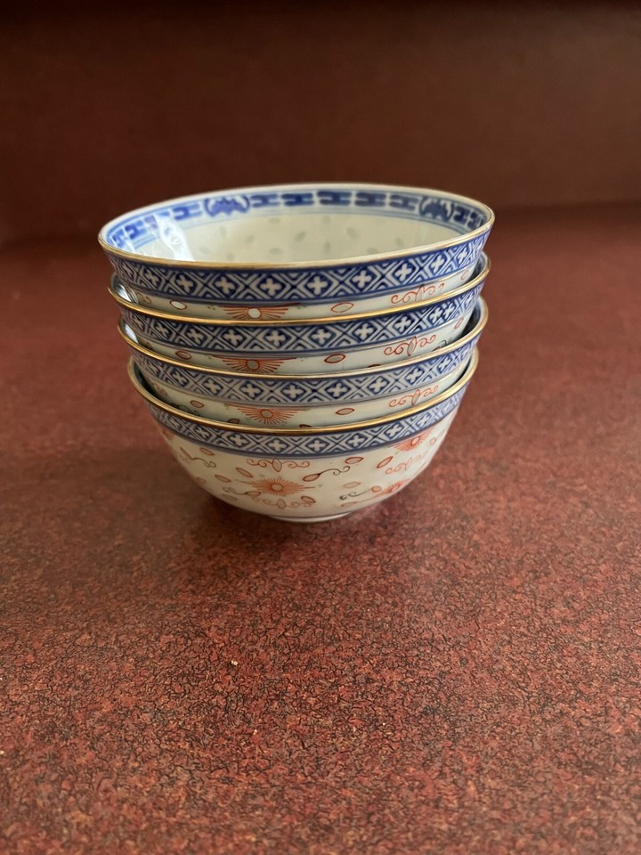 Four Chinese Blue & White & Red Porcelain Rice Eye Grain Bowls Marked ...
