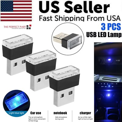 3x Mini Blue LED USB Car Interior Light Neon Atmosphere Ambient Lamp ...