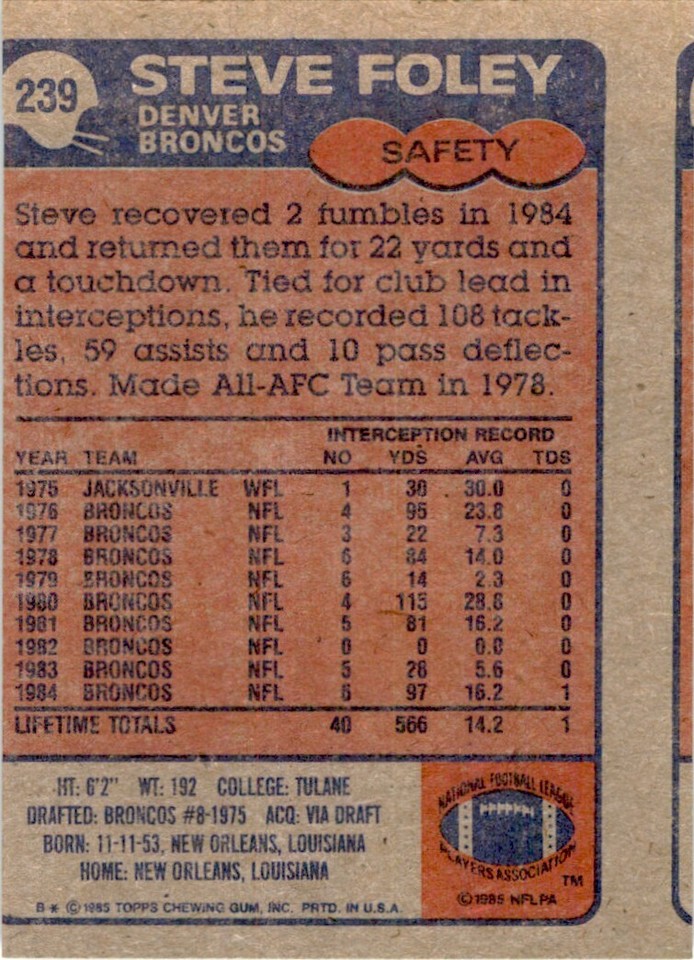 1985 TOPPS! STEVE FOLEY. DENVER BRONCOS #239 | eBay