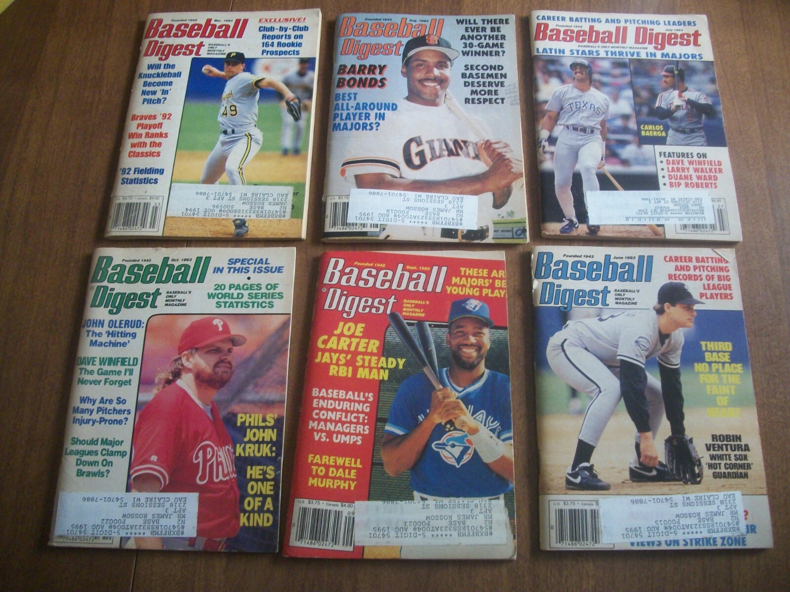 BASEBALL DIGEST MAGAZINES---10 OF THEM --ALL FROM THE 1993 MLB BASEBALL ...