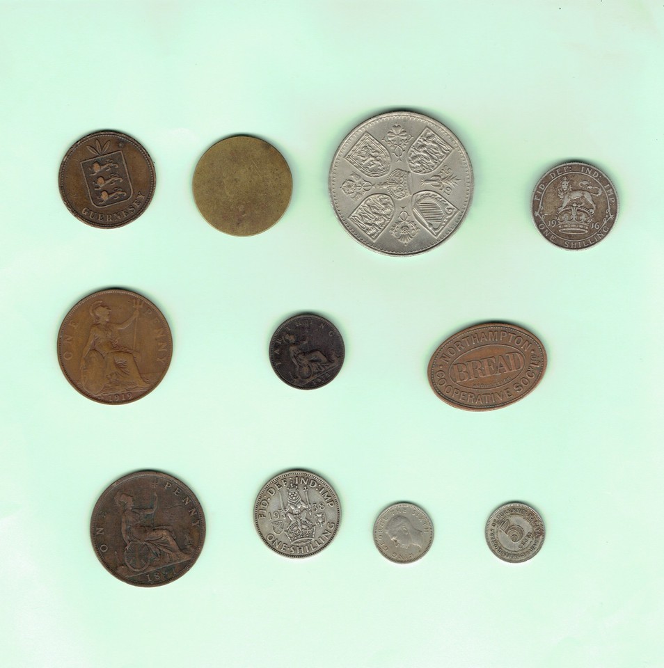 11 ITEMS OLD TOKENS & COINS SOME SILVER inc A 1916 SILVER ONE SHILLING ...