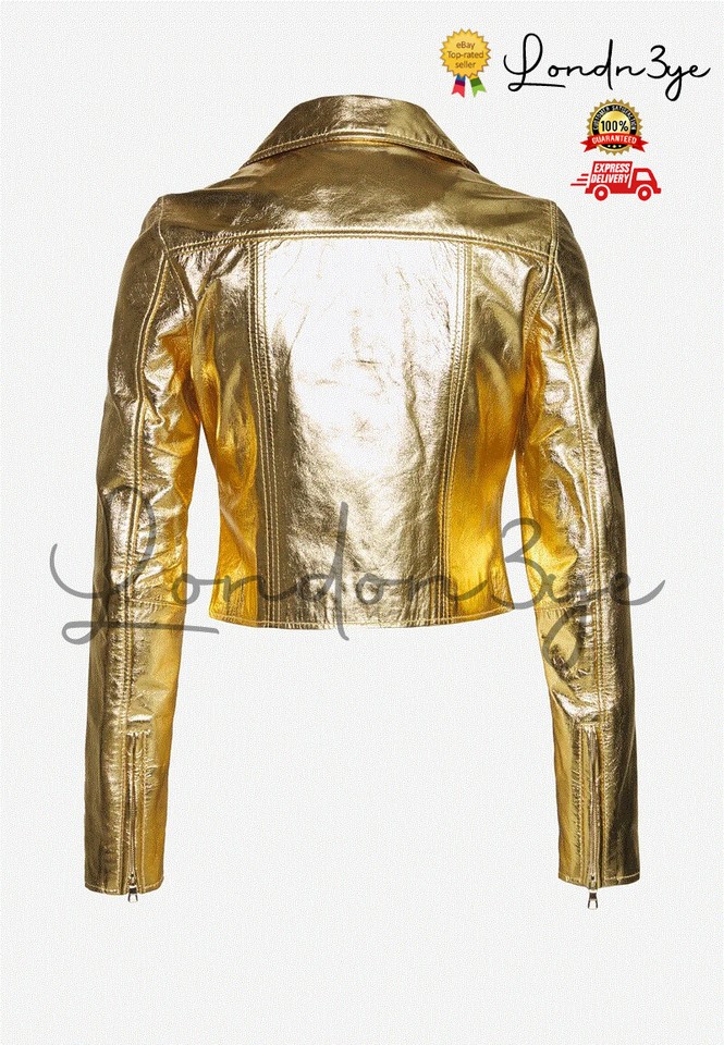 Women Metallic Gold Crop Motorcycle Men Real Leather Cropped Biker ...