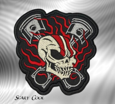 New Skull Piston Tribal Flames Embroidered Motorcycle Biker Iron On ...