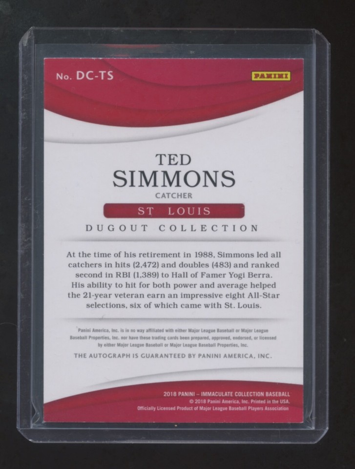 2018 IMMACULATE COLLECTION TED SIMMONS AUTOGRAPH #ED 25/49 CARDINALS ...