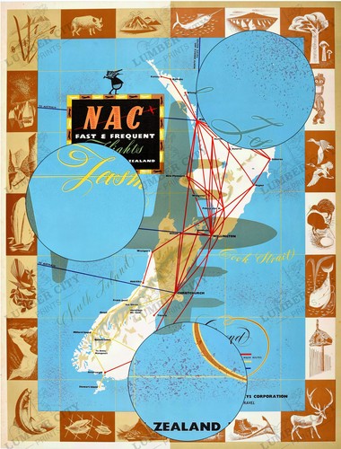 1955 New Zealand NAC Airways Travel Poster Vintage Wall Art Print Retro ...