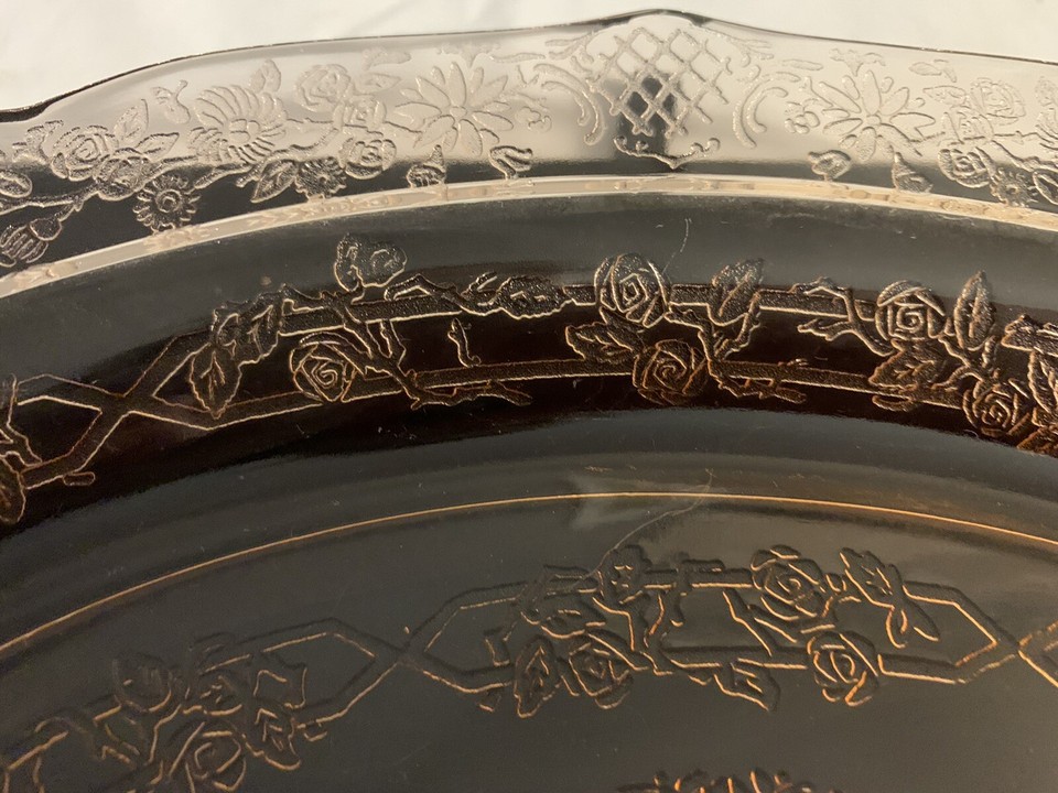 Vtg. Pink depression Oavl Serving Plater/ Etched Flowers, Leaves | eBay