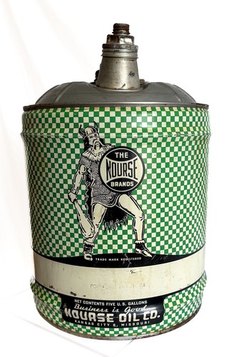 VERY RARE 5 Gallon Nourse Oil Can Green Checker Viking Kansas City MO ...