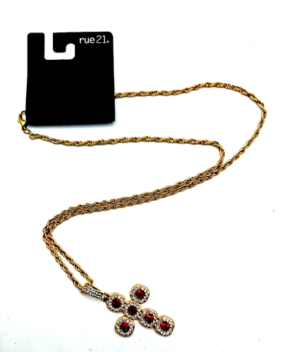 Rue 21 New Cross Red Rhinestones Gold Toned Chain Long Fashion Necklace ...