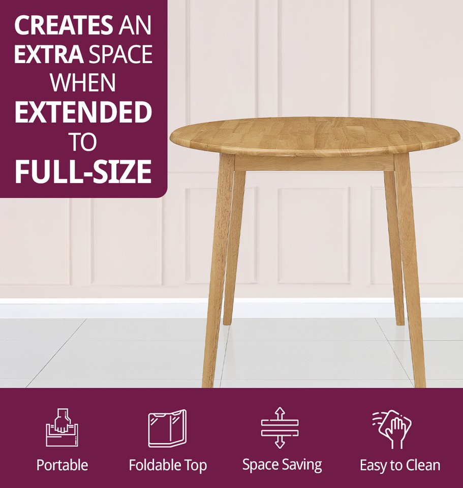 Dining Table, Small Solid Wooden Round Drop Leaf Kitchen Table in Oak ...