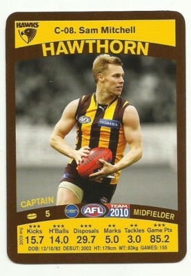 2010 AFL TEAMCOACH HAWTHORN HAWKS SAM MITCHELL TEAM CAPTAIN C08 CARD ...