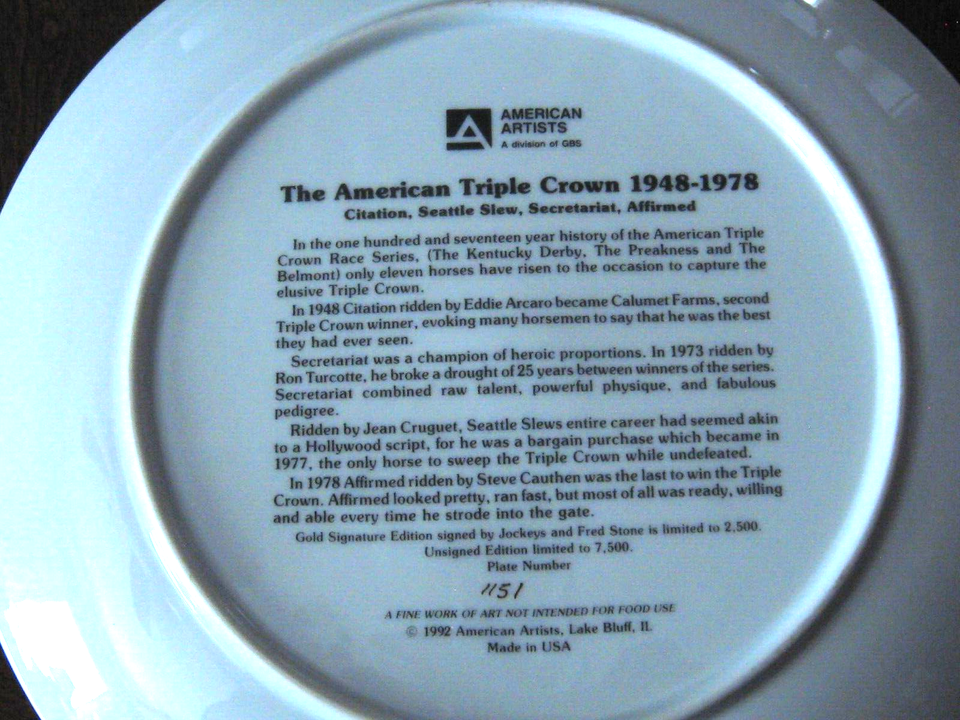 American Triple Crown 1948-78 collectors plate #1151 Fred Stone w/COA ...