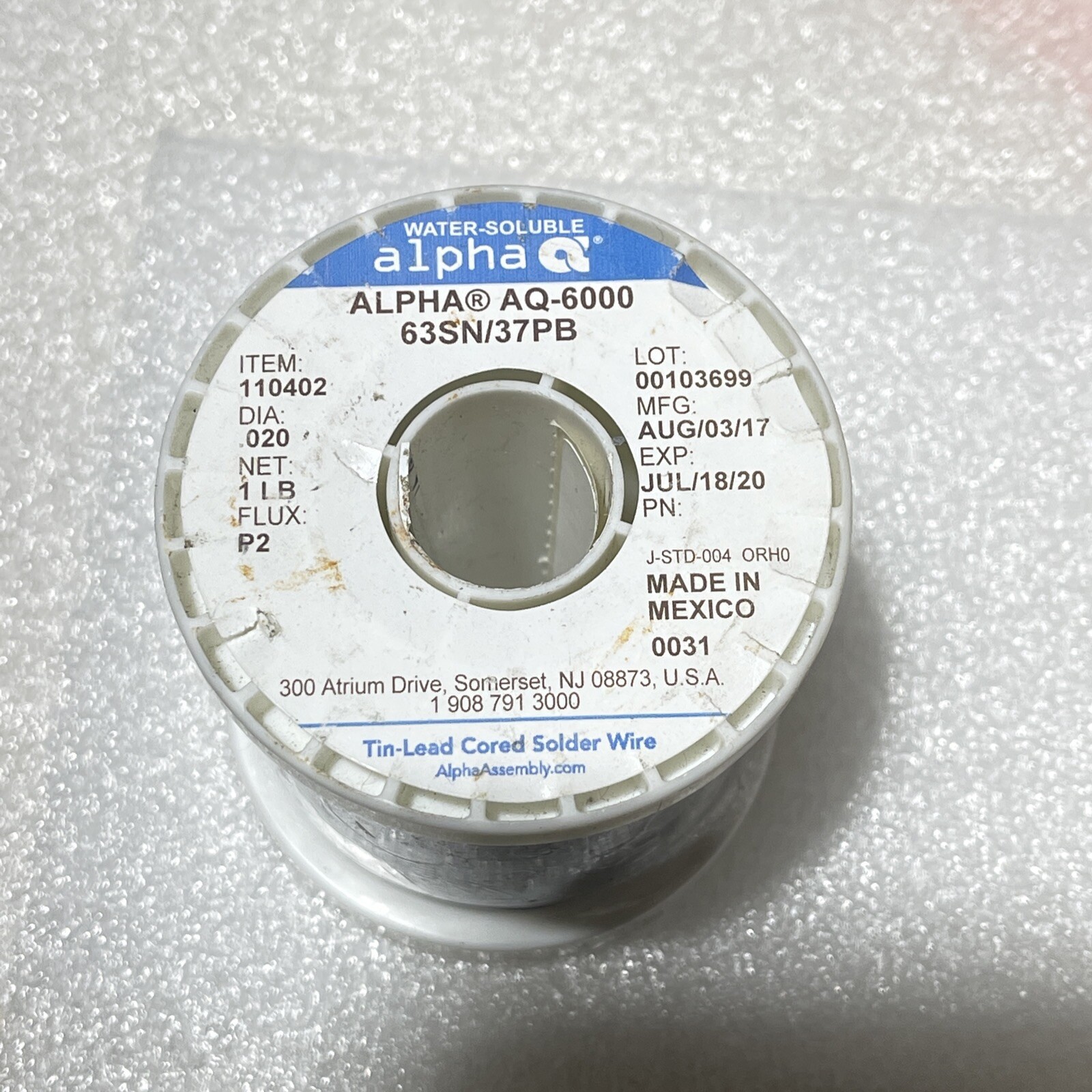 Alpha Aq-6000 Solder .020" 63 SN 37 PB P2 Water Soluble Flux 110402 1lb ...