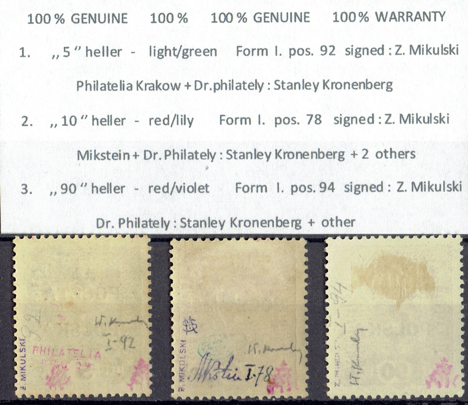 1919 KRAKOW ,,3' stamps ,,5 ' h. -green + ,,10'' h. -r./lil +,,90 ...