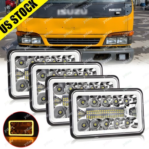 4PCS 4x6'' Square LED Headlights Hi/Lo Beam Halo DRL For Isuzu NQR NPR ...