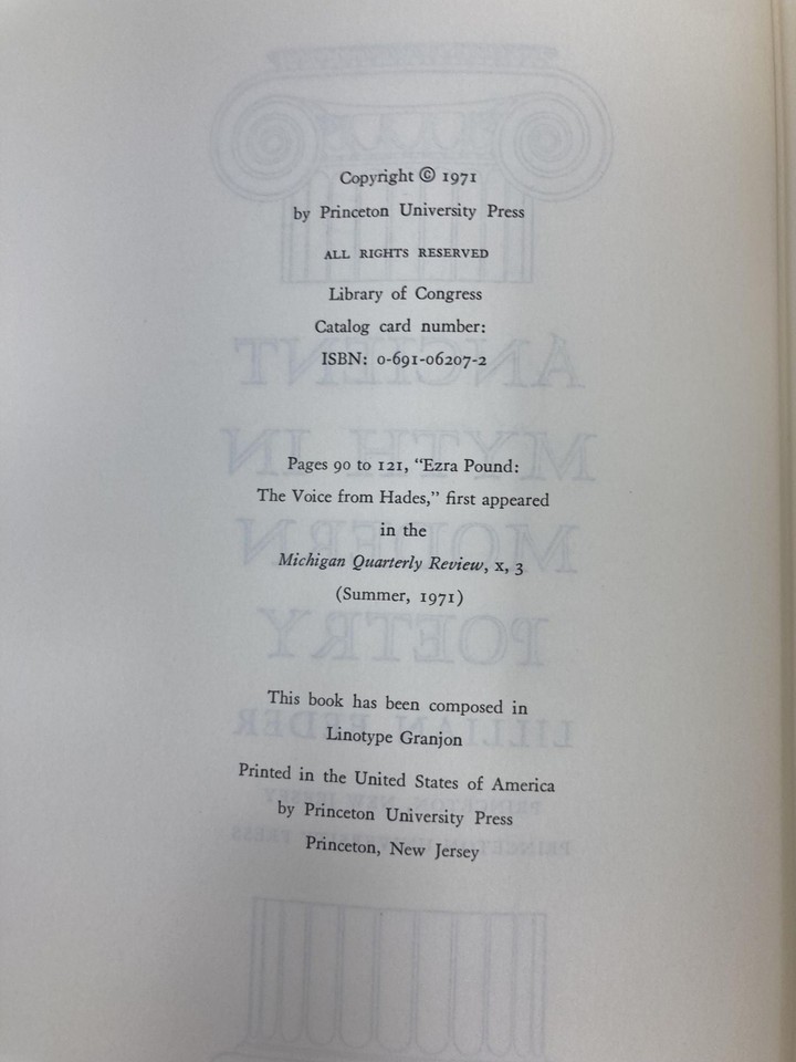 Ancient Myth in Modern Poetry by Lillian Feder First 1st Edition VG HC ...