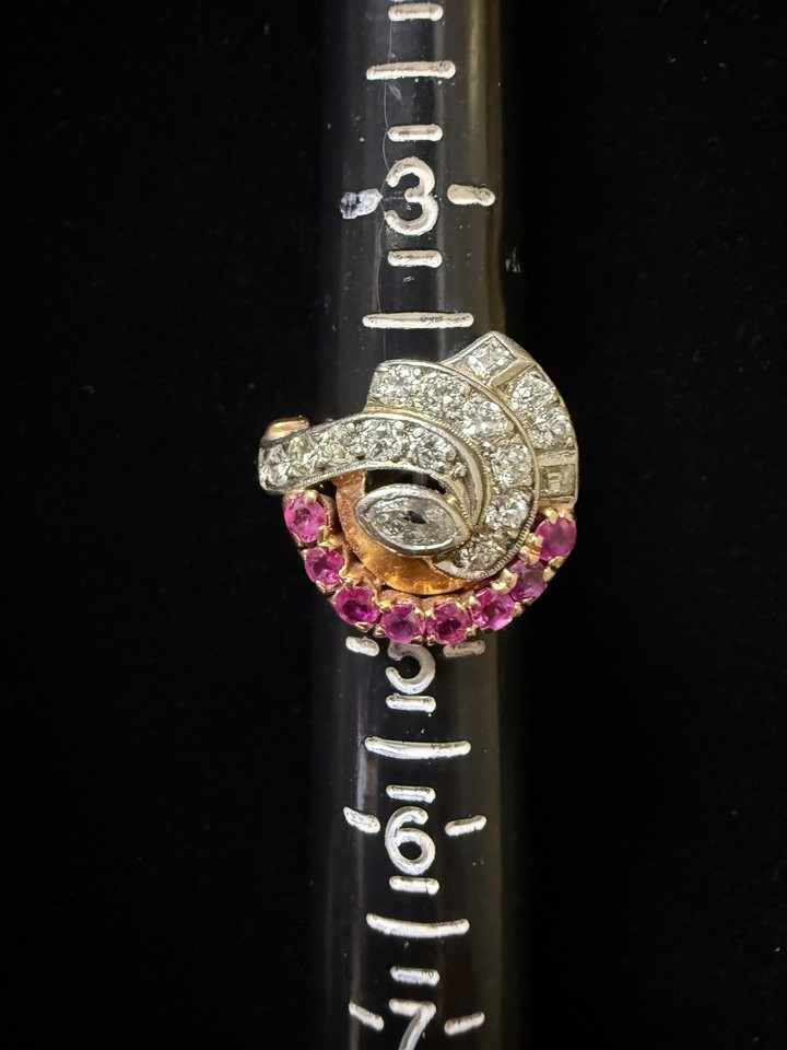 Art Deco 14K Rose Gold Ruby & Diamond Pavé Swirl Ring Two-Tone 5.1g ...