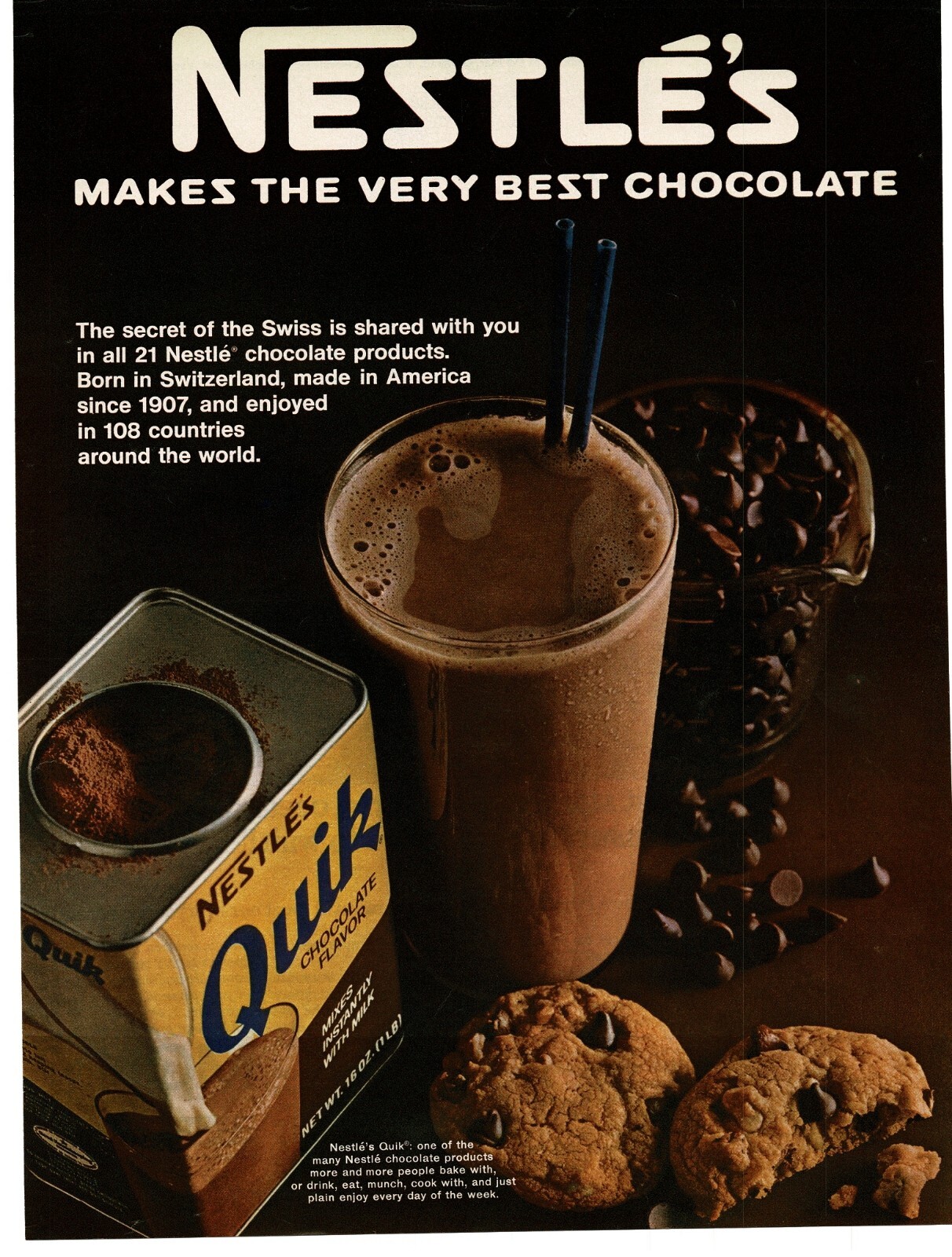 1968 NESTLE'S Quik Chocolate flavor milk drink mix morsels Vintage ...