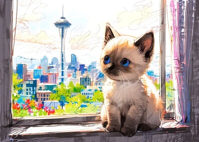 ACEO Mini *Art Print* Siamese Cat Baby Kitten & Seattle Space Needle ...