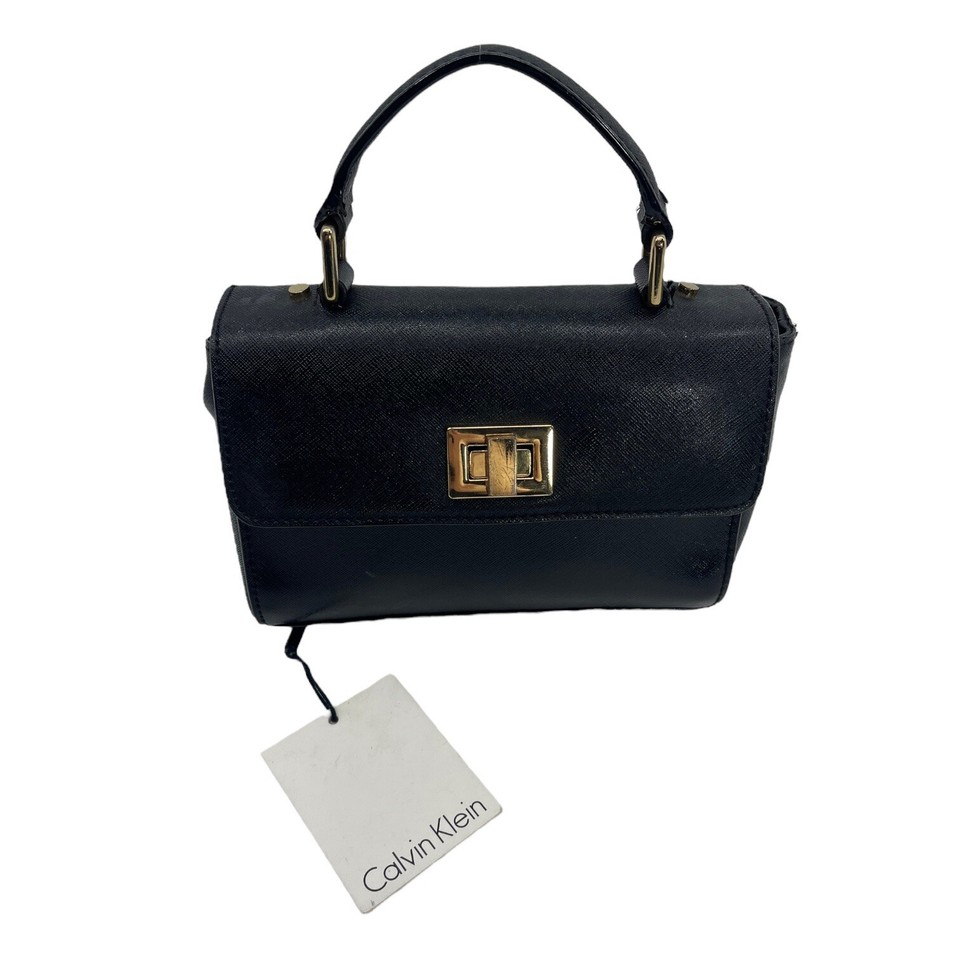 CALVIN KLEIN Small Leather Handbag Top Handle Satchel Classic Mini Bag ...