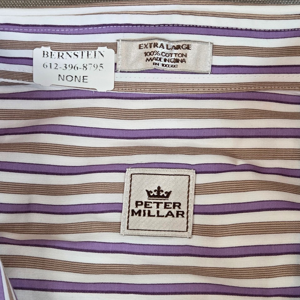 Peter Millar XL Stripe Button Down Shirt Purple Brown Cotton Long ...