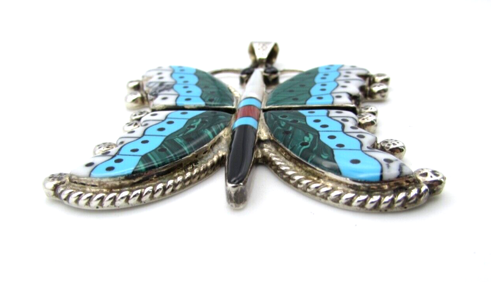 Sterling Silver Turquoise malachite Mabel WATSON Zuni Butterfly pendant ...