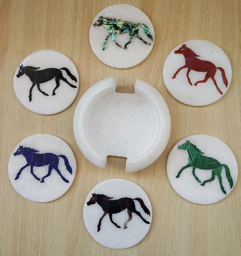 4.5 Inches Marble Bar Decor Coaster Set Horse Pattern Inlay Work Coffee ...