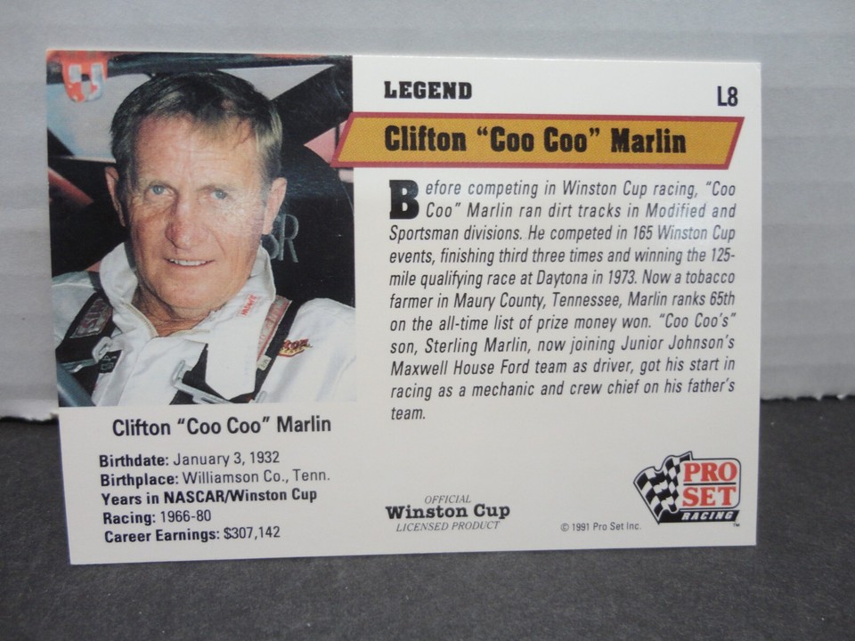 COO COO MARLIN 1991 PRO RACING AUTOGRPHED LEGEND CARD # L8 | eBay