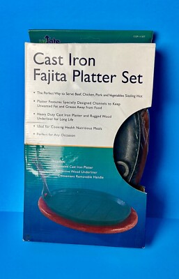 Cast Iron Fajita Platter Set Mr Bar-B-Q Wood Underliner Removable ...