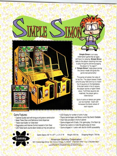 1993 Simple Simon Arcade Game Flyer American Sammy Corporation | eBay