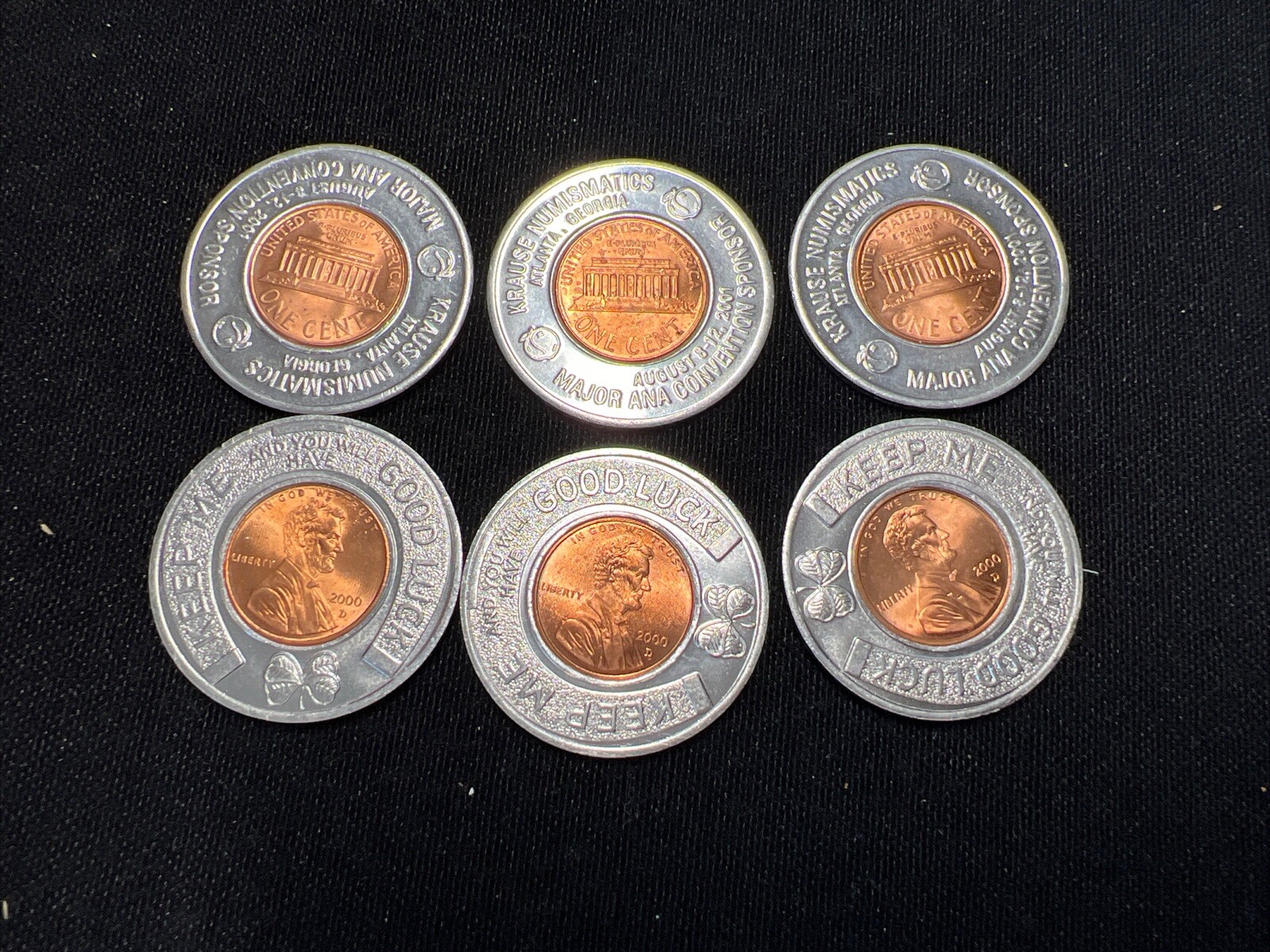 Lot Of 6 ENCASED CENT LUCKY PENNY TOKEN Coin Club ANA KRAUSE NEWS 2001 ...