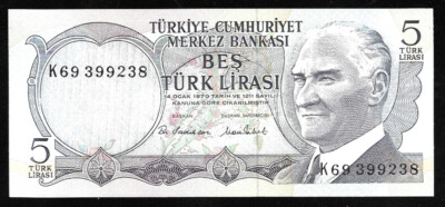 World Paper Money - Turkey 5 Lira L.1970 (1976) P185 @ Crisp UNC ; Ref ...