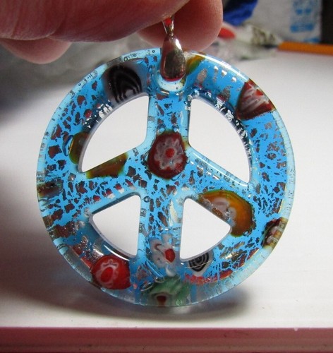 Bright Blue 2" ART GLASS PEACE SIGN PENDANT w/ Millefiori and Foil | eBay