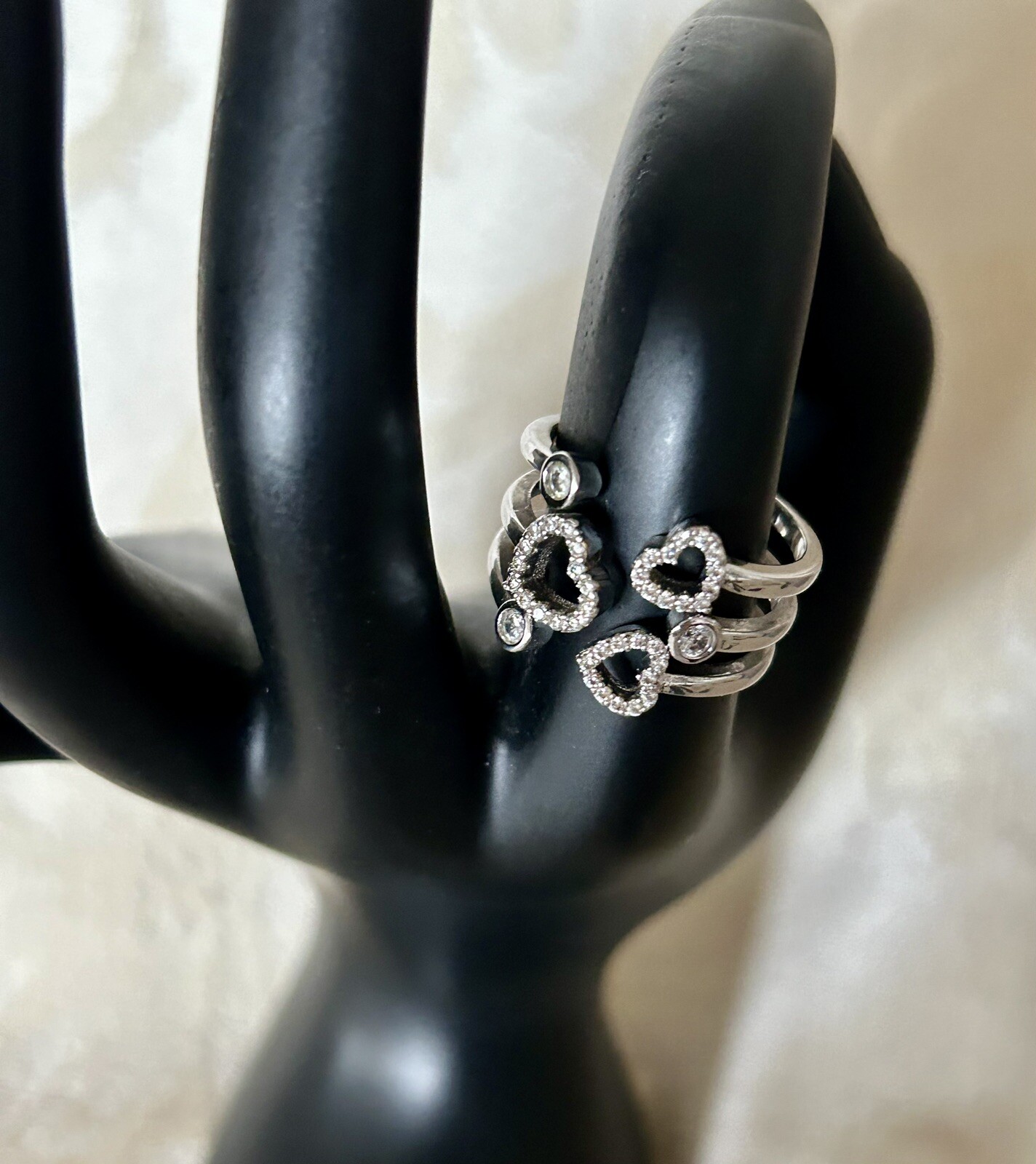 Signed RSC Ring Silver Plated CZ Crystal Hearts Unique Design Size 8.75 ...