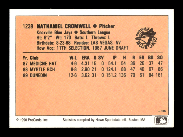 1990 ProCards # 1238 Nate Cromwell (ML) Knoxville Blue Jays Toronto ...