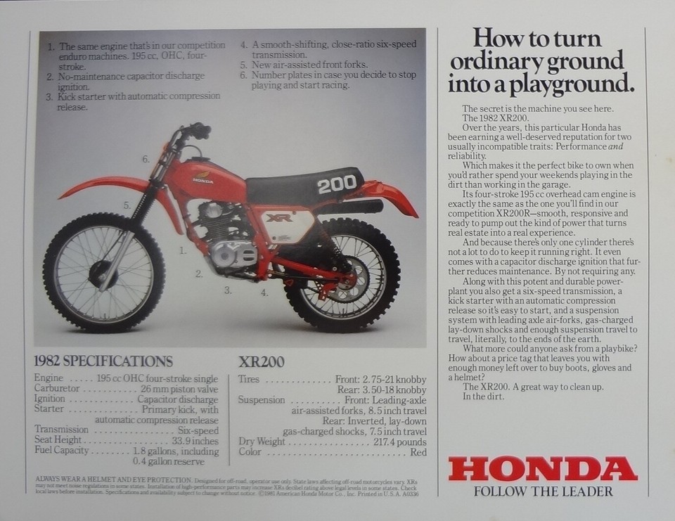 1982 Honda XR200R double-sided sales brochure-literature Vintage XR 200 ...