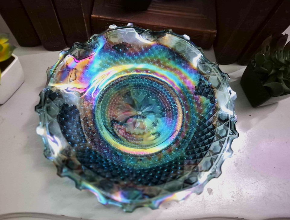 Vintage Iridescent Blue Carnival Glass Bowl-Scalloped Rim-Diamond Star ...