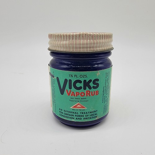 Vicks VapoRub Jar Cobalt Blue Glass Bottle w Label & Red White Tin Cap ...