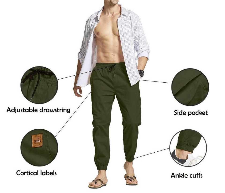 JustSun Men’s Casual Chinos Joggers Elasticated Waist Drawstring with ...