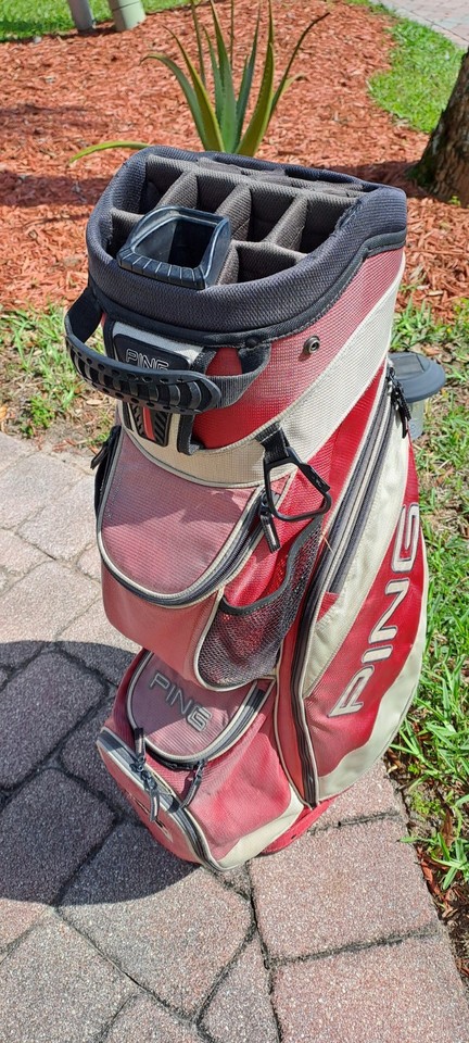 Golf cart bag PING TRAVERSE 14 div red black shoulder strap rain cover ...
