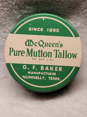 FULL MCQUEEN'S PURE MUTTON TALLOW TIN w SHEEP GRAPHICS G. F. BAKER ...