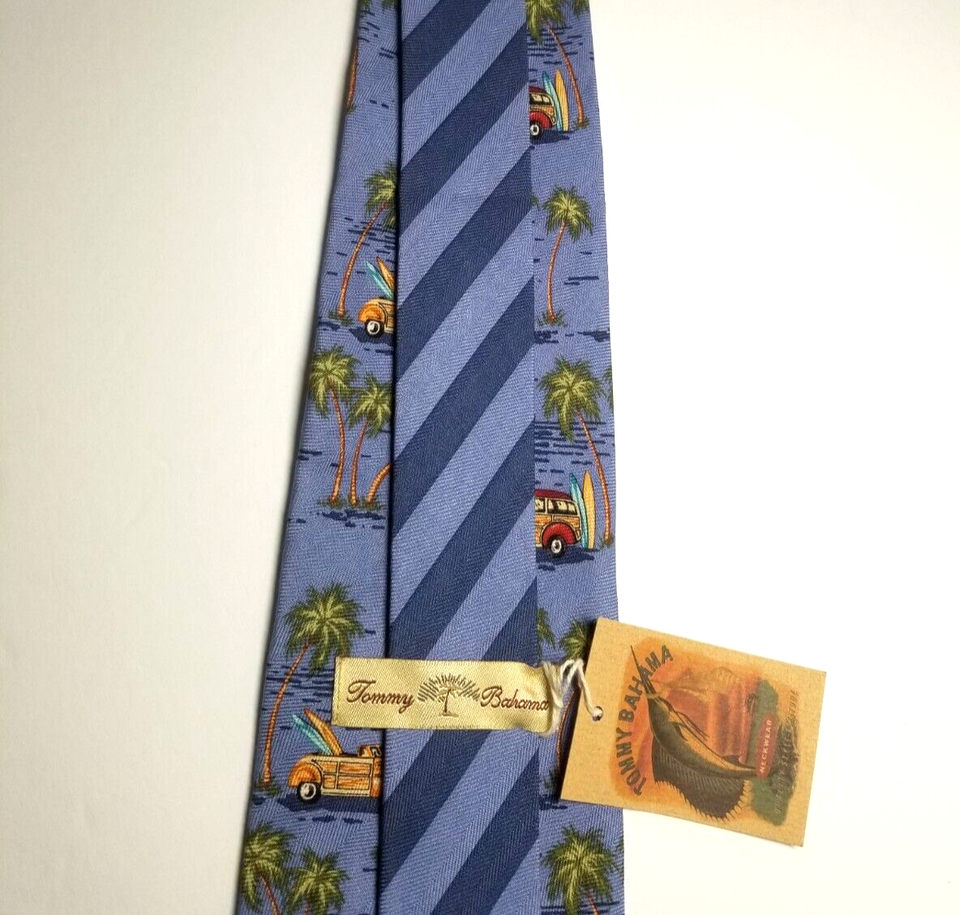 NWT Tony Bahama Light Blue Repp Tie Beach Scene Woody Vehicle and ...