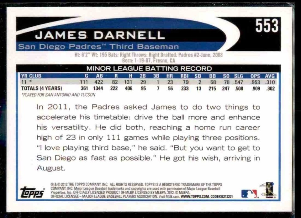 2012 Topps James Darnell RC #553 San Diego Padres | eBay