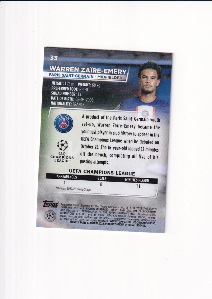 2022/23 Topps Stadium Club Chrome Warren Zaire-Emery PSG RC Rookie Card ...