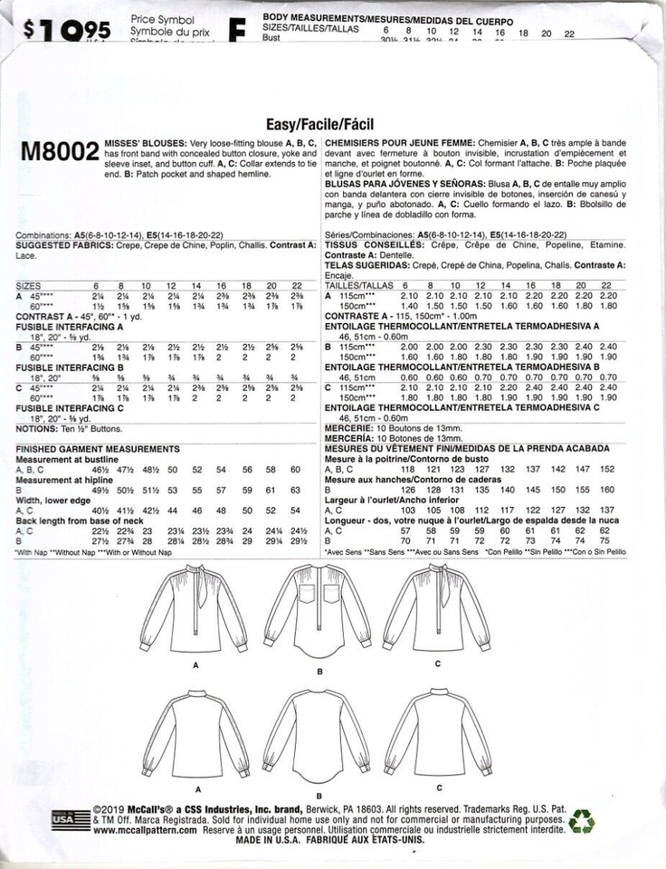 McCalls M8002 Misses 14 to 22 Blouse Uncut Sewing Pattern | eBay