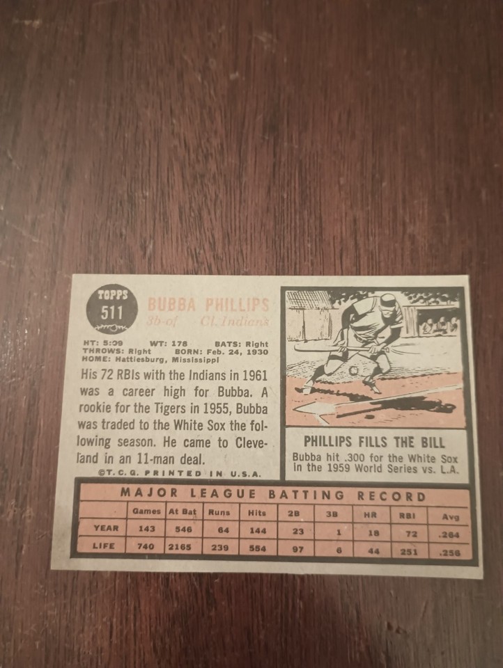 1962 Topps #511 Bubba Phillips (EXMT) | eBay