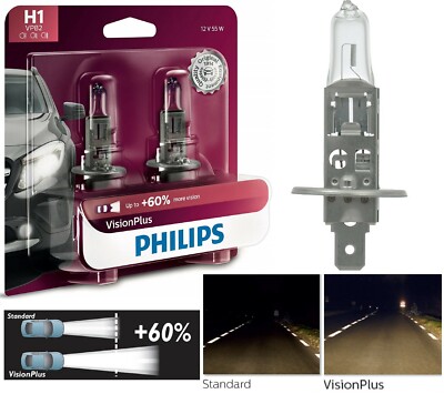 Philips VIsion Plus 60% H1 55W Two Bulbs Head Light High Beam Plug Play ...